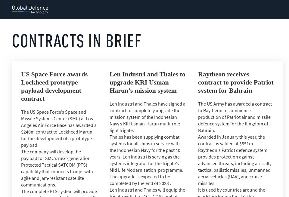 Contracts in brief - Global Defence Technology | Issue 109 | March 2020