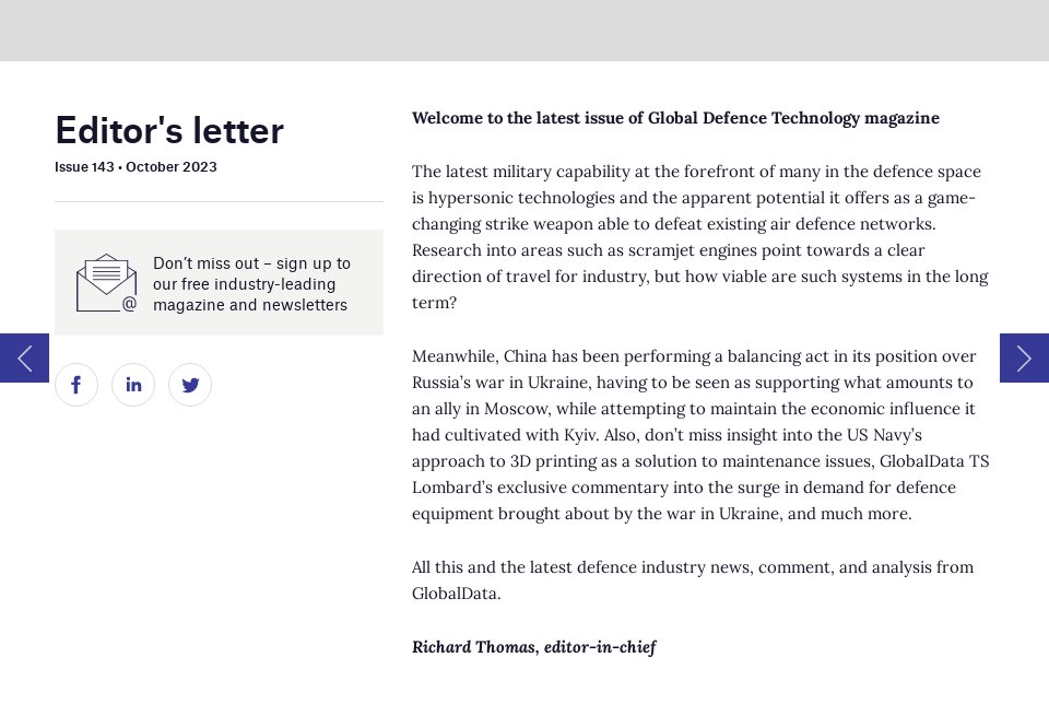 Editor's letter - Global Defence Technology | Issue 143 | October 2023